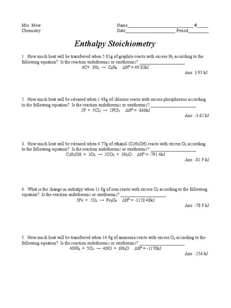 Bond Enthalpy Worksheet Exercises Chemistry Docsity Worksheets