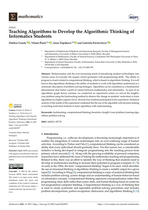 pdf teaching algorithms to develop the algorithmic thinking of