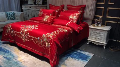 Luxury Embroidered Big Red Cotton Comforter Duvet Cover Queen Satin