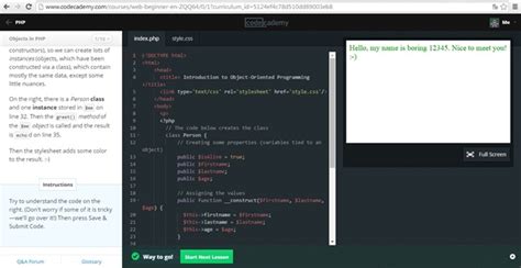 objects in php dalam codecademy all about my story
