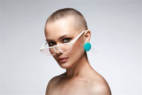 Beautiful Woman With Short Haircut Wearing Fashionable Glasses Stock