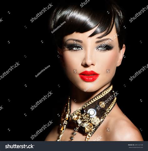 Beauty Fashion Model Girl With Short Hair Rocker Style Brunette Model