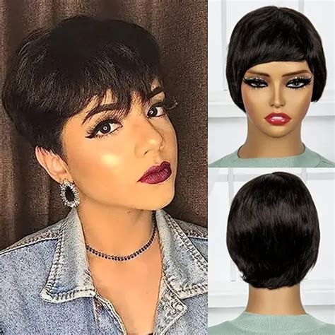 Short Straight Pixie Cut Wigs With Bangs For Women Natural Straight