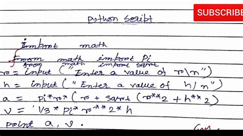area and volume of a cone algorithm and python script youtube
