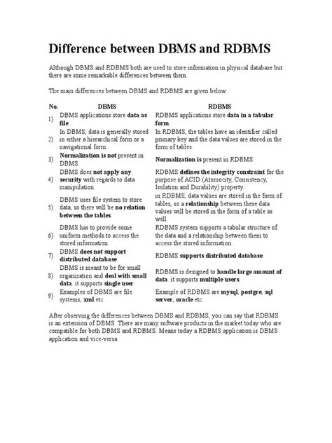 difference between dbms and rdbms relational database
