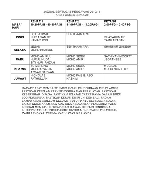 Jadual Bertugas Pengawas Pusat Akses 2010 Pdf