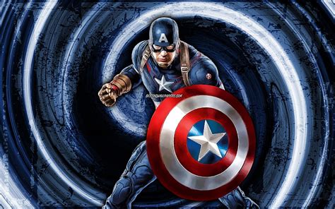、キャプテン・アメリカ、青いグランジの背景、スーパーヒーロー、マーベル・コミック、スティーブン・ロジャース、渦、キャプテン・アメリカ、漫画の