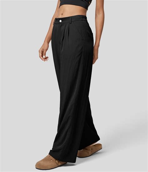 Womens Mid Rise Button Zipper Plicated Side Pocket Wide Leg Casual