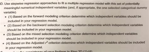 solved d use stepwise regression approaches to fit a