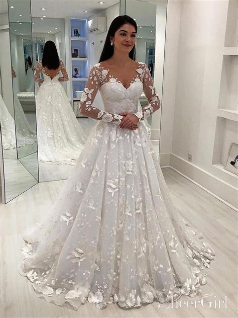 Long Sleeve Vintage Lace Wedding Dresses Modest V Neck Wedding Gown Aw