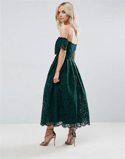 Lyst Asos Off The Shoulder Lace Prom Midi Dress In Green