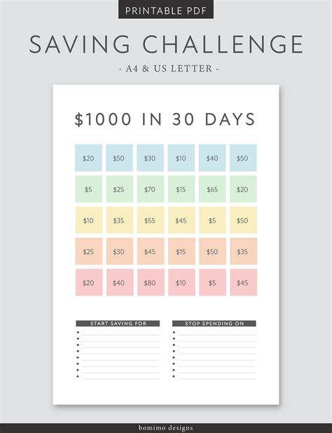 Money Saving Challenge Printable Save 1000 In 30 Days Etsy