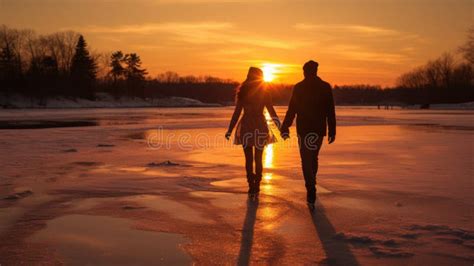 A Couple Holding Hands While Ice Skating On A Frozen Pond At Sunset