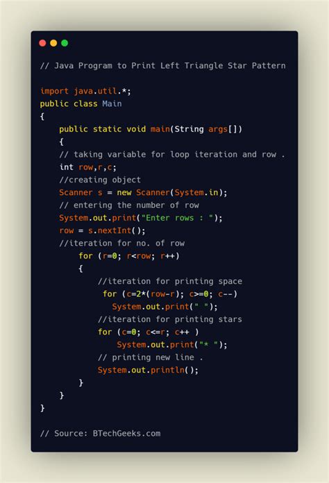 java program to print left triangle star pattern btech geeks