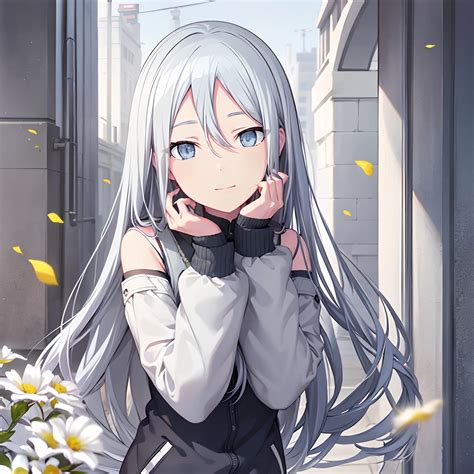 建物の前に立っている、長い灰色の髪と青い目をしたアニメの女の子 Seaart Ai
