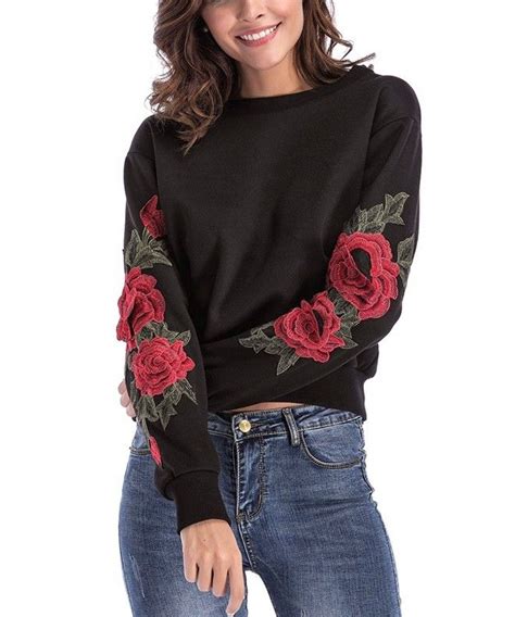 Women Sweatshirt Top Crew Neck Long Sleeve Floral Embroidered Pullover