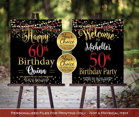 Happy Birthday Welcome Sign Printables Red Gold Black Etsy