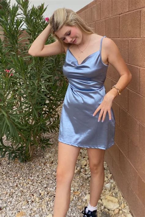 Simple Cowl Neck Champagne Satin Homecoming Dress Dusty Blue 8 In