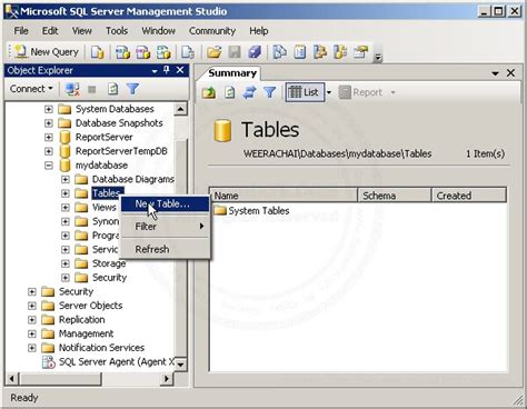 sql server 2005 create database and table