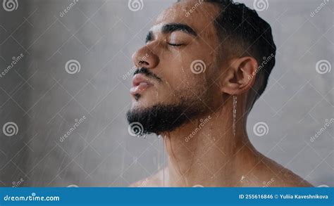 Arab Indian Hispanic Relaxed Man Bearded Guy Naked Male Washes Head