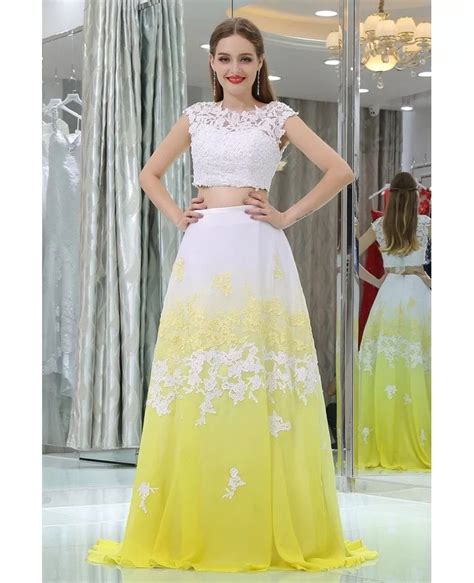 Gradient White And Yellow Lace Prom Dress In Two Pieces B024