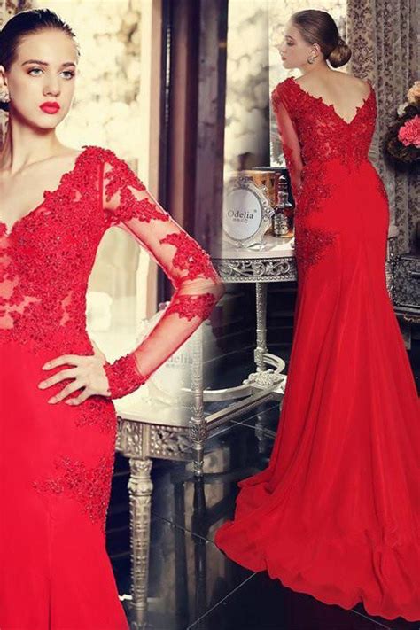 Gorgeous Red V Neck Long Sleeves Mermaid Satin Prom Dresses With