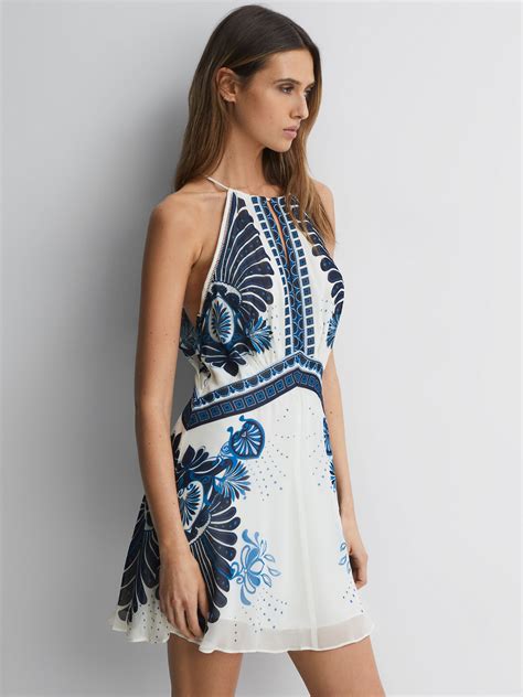 Reiss Brianna Printed Halter Neck Mini Dress Reiss Australia