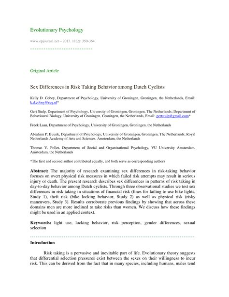 Pdf Sex Differences In Risk Taking Behavior Among Dutch Cyclists