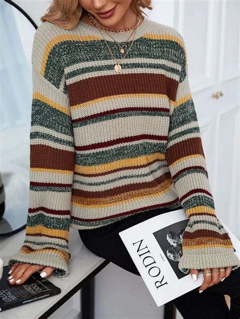Striped Pattern Colorblock Drop Shoulder Sweater Sweater Pattern