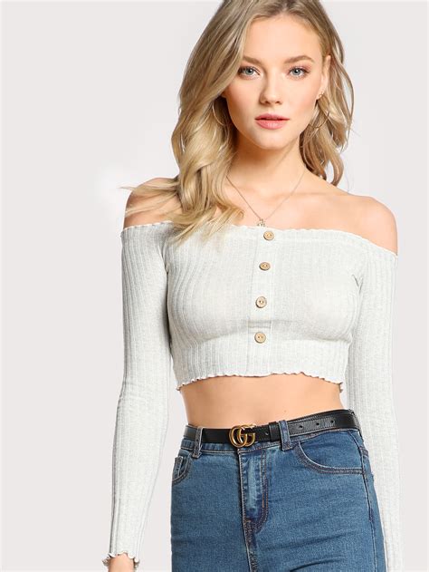 Off Shoulder Long Sleeve Button Crop Top Ivory Shein Sheinside
