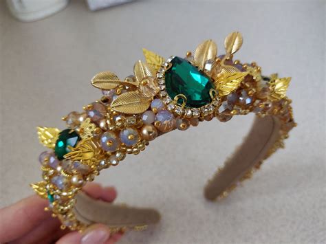 Embellished Green Gold Jeweled Headband Beaded Headbands For Etsy