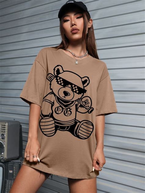 Bear Print Drop Shoulder Oversize Tee T Shirts For Women Aesthetic