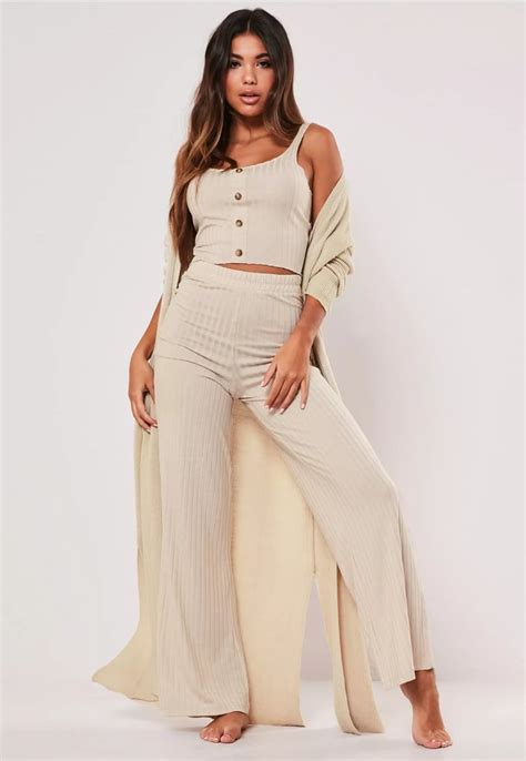 Missguided Ivory Rib Horn Button Crop Top And Wide Leg Loungewear Set