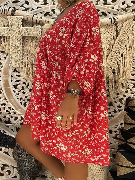 Casual Long Sleeve V Neck Floral Dresses Noracora