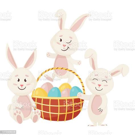 Bunnies Character Sitting And Laughing Funny Happy Easter Rabbits Stock