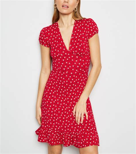 Red Ditsy Floral Jersey Mini Dress New Look Mini Dress Trending