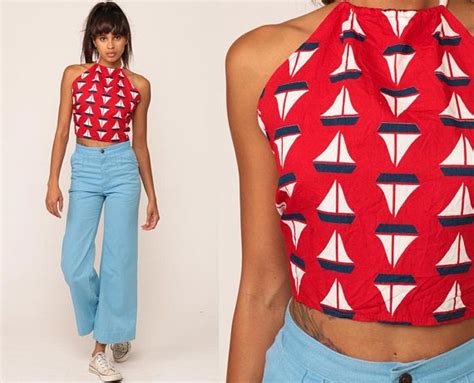 Halter Top 70s Cropped Shirt Sailboat Sailor Blouse Nautical Etsy
