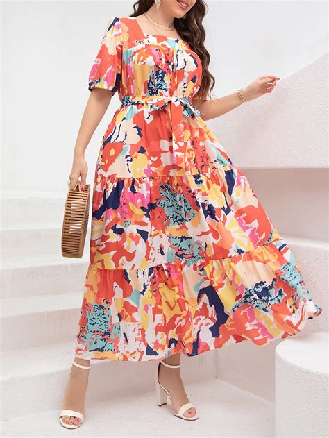 Shein Mulvari Plus Allover Print Puff Sleeve Knot Front Ruffle Hem