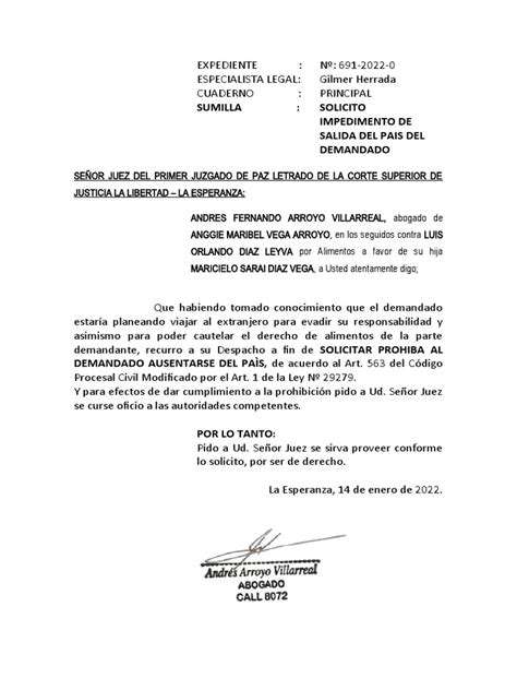 Escrito Solicitando Impedimento De Salida Del Pais Pdf