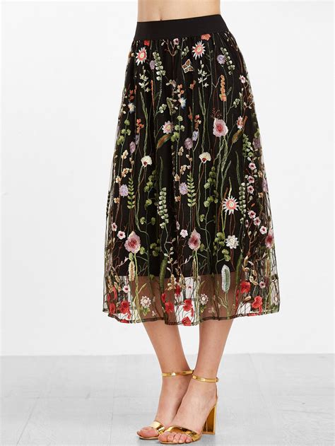 Shop Black Floral Embroidered Mesh Overlay Midi Skirt Online Shein