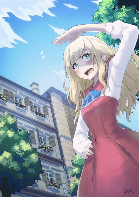 Safebooru 1girl Arm Up Blonde Hair Blush Building Clouds Day Dress