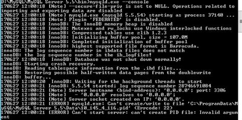 database error 1067 when starting up mysql in services