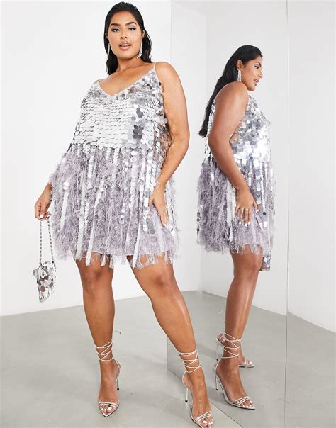 Asos Curve Paillette Sequin Mini Dress With Feather Hem In Metallic Lyst