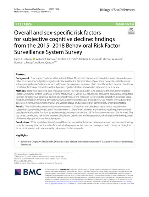 Pdf Overall And Sex Specific Risk Factors For Subjective Cognitive