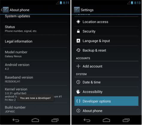 enable disable developers options usb debugging usb transfer on