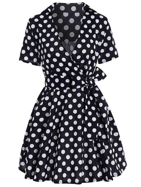 2018 Belted Polka Dot Short Sleeve Wrap Dress In Black Xl