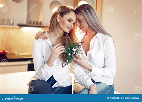 Happy Young Lesbian Couple Imagine About Christmas Stock Image Image