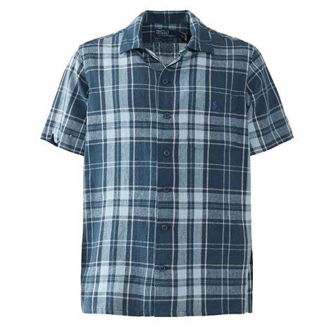 Polo Ralph Lauren Classic Fit Plaid Poplin Camp Shirt Indigo Khaki