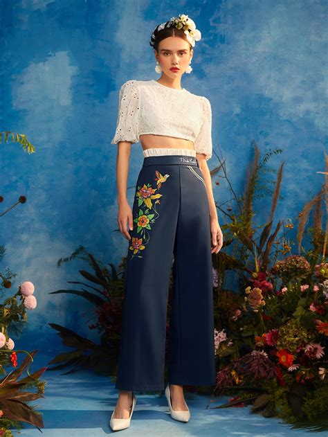 Frida Kahlo X Shein X Designer Close Ties Frill Waist Floral Print Wide