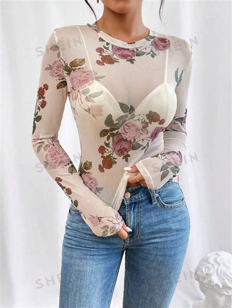 Shein Privé Floral Print Mesh Top Without Bra Shein Usa